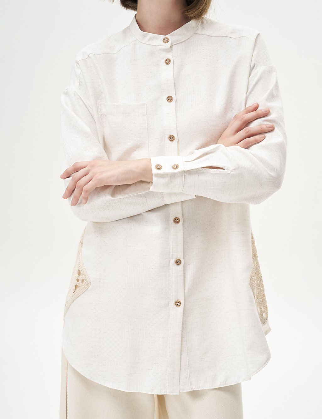 Lace Mix Mandarin Collar Tunic Ecru