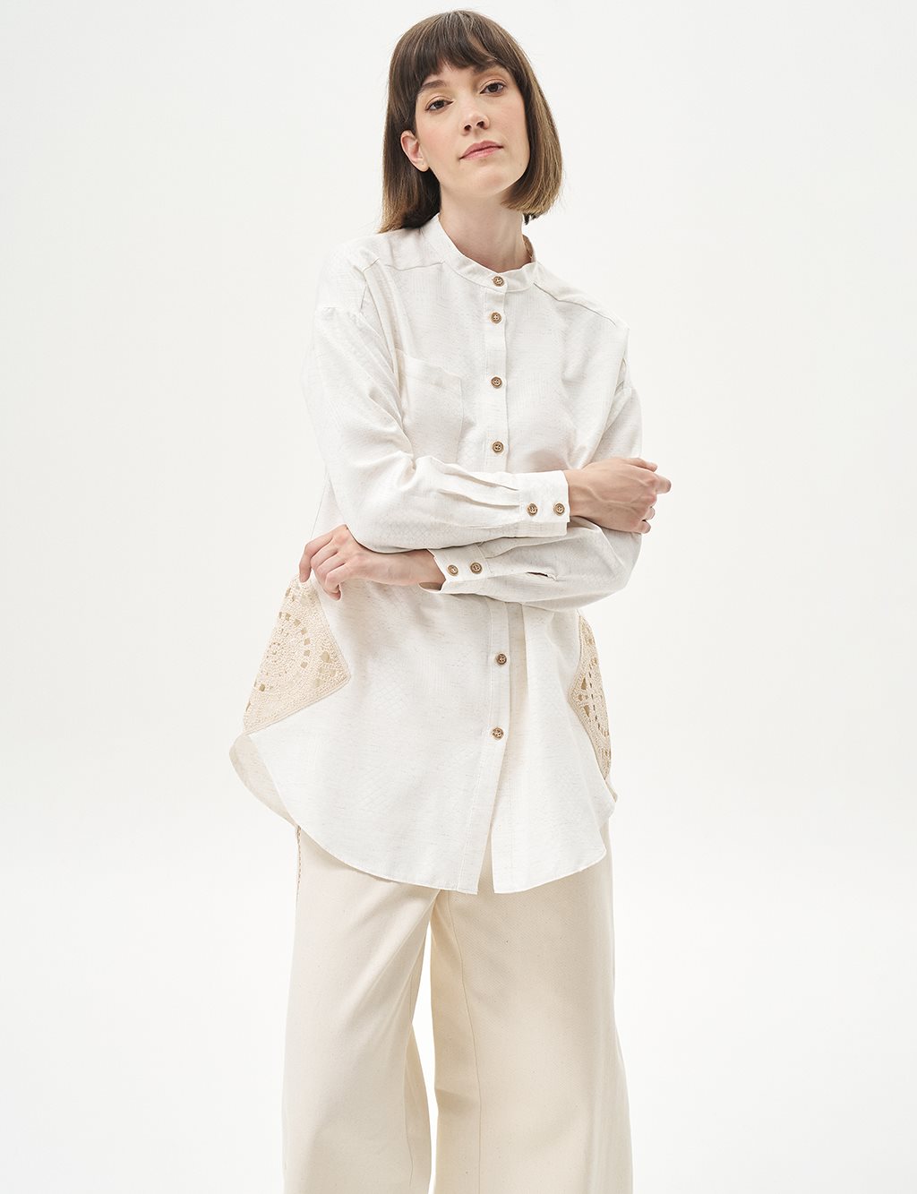 Lace Mix Mandarin Collar Tunic Ecru