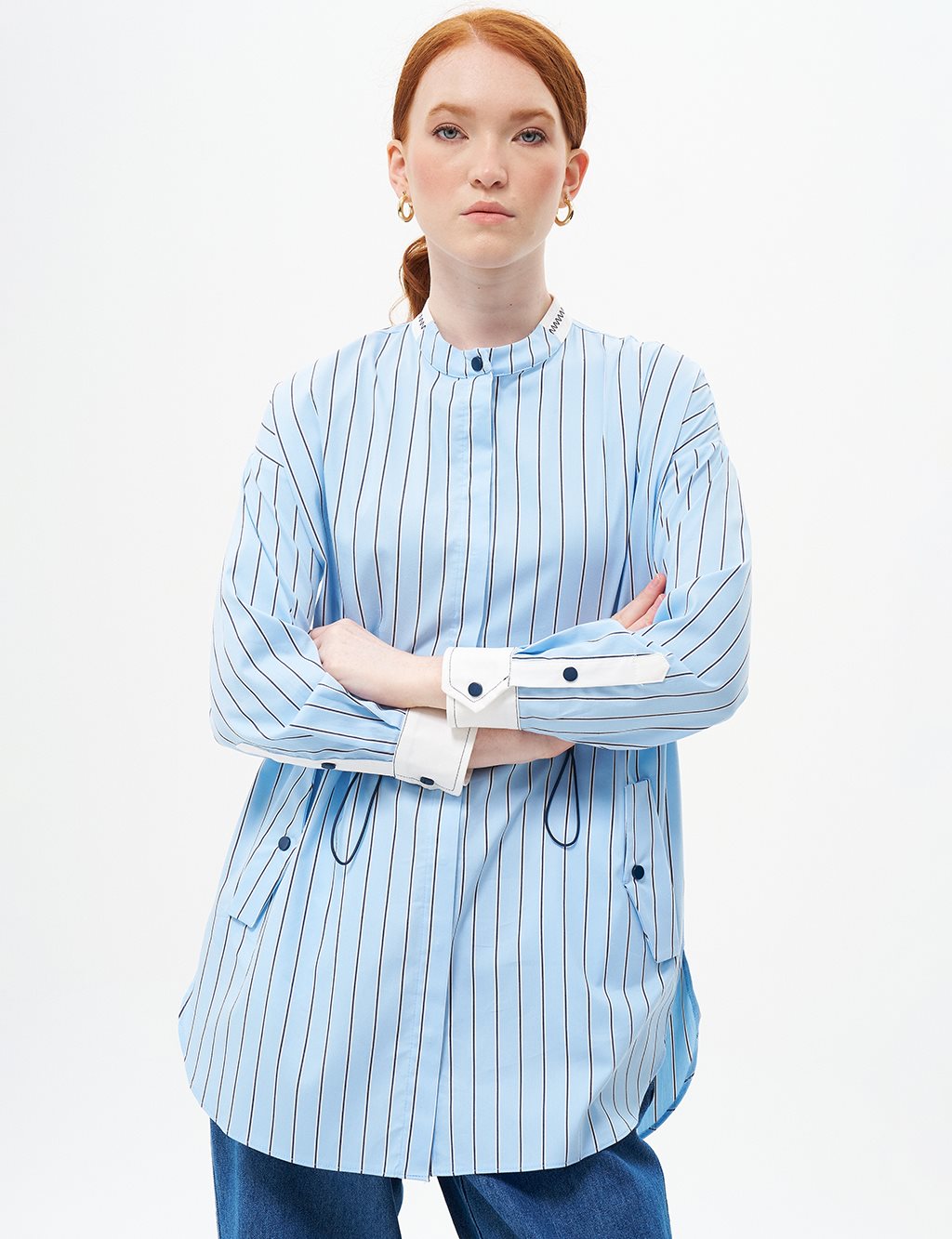 Waist Gathered Stripe Pattern Tunic Blue