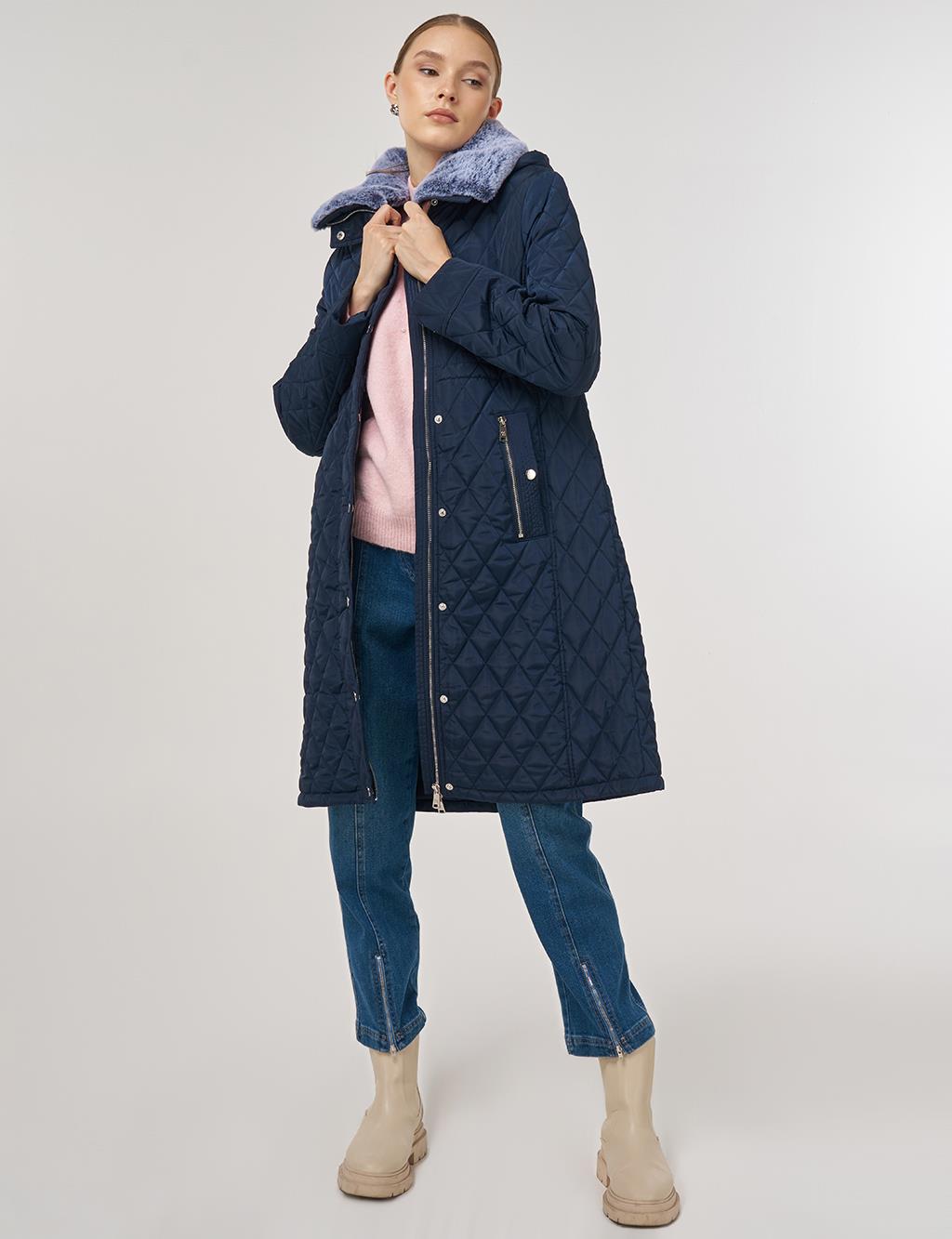 Fur-Detail Anorak Coat in Navy
