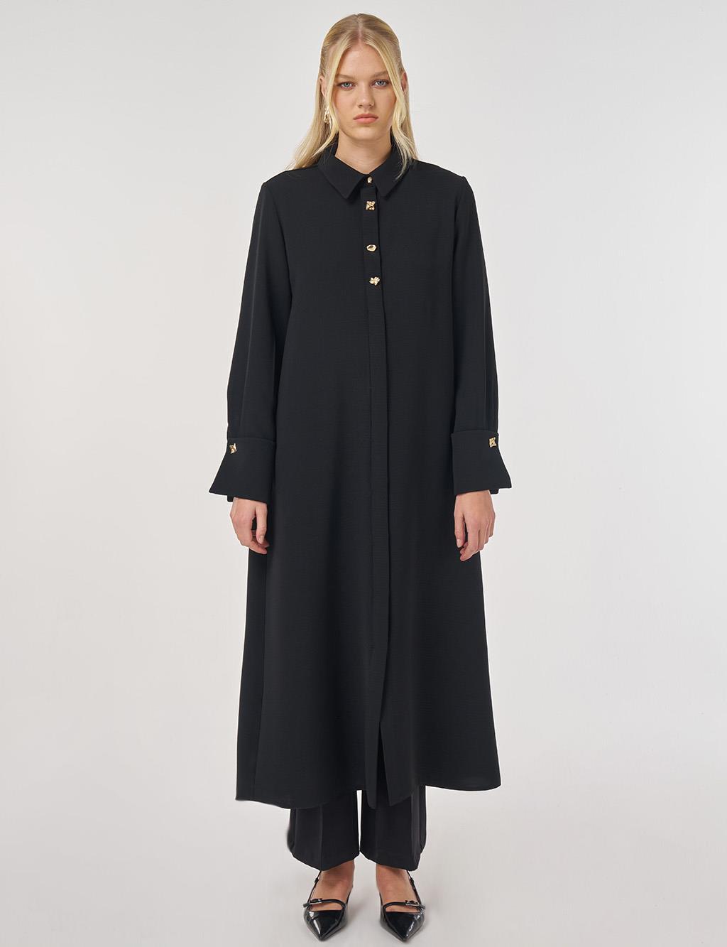 Shiny Button Long Tunic in Black