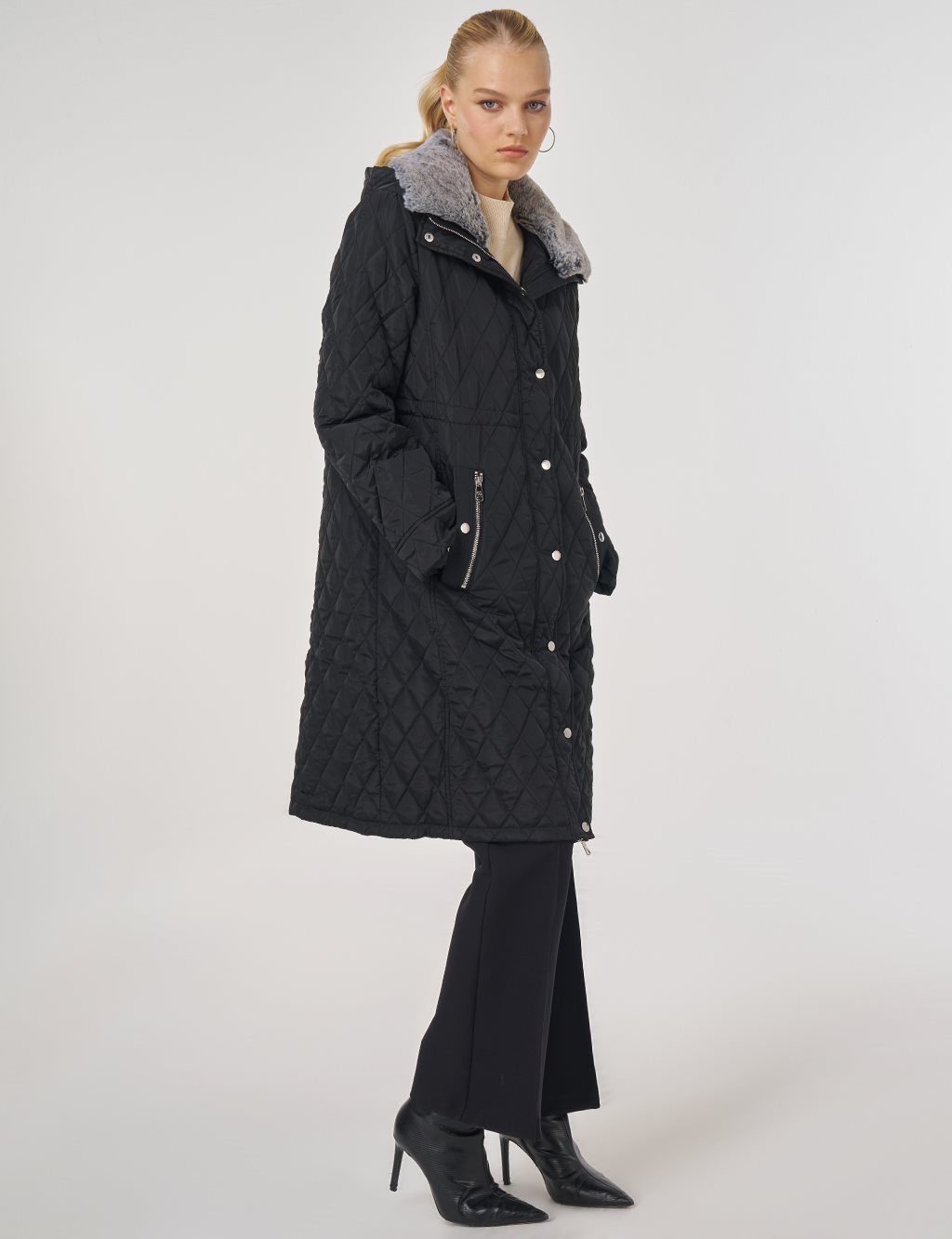Fur Detailed Anorak Coat in Black